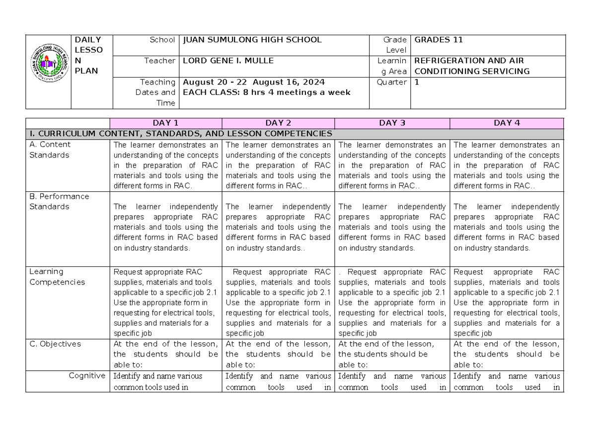 Daily Lesson Plan: Refrigeration & Air Conditioning (RAC) Aug 20-22 ...
