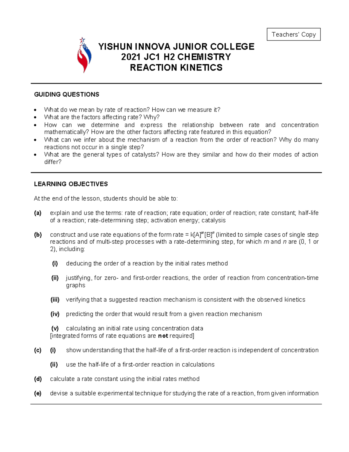 Reaction Kinetics - not sure - YISHUN INNOVA JUNIOR COLLEGE 2021 JC 1 ...