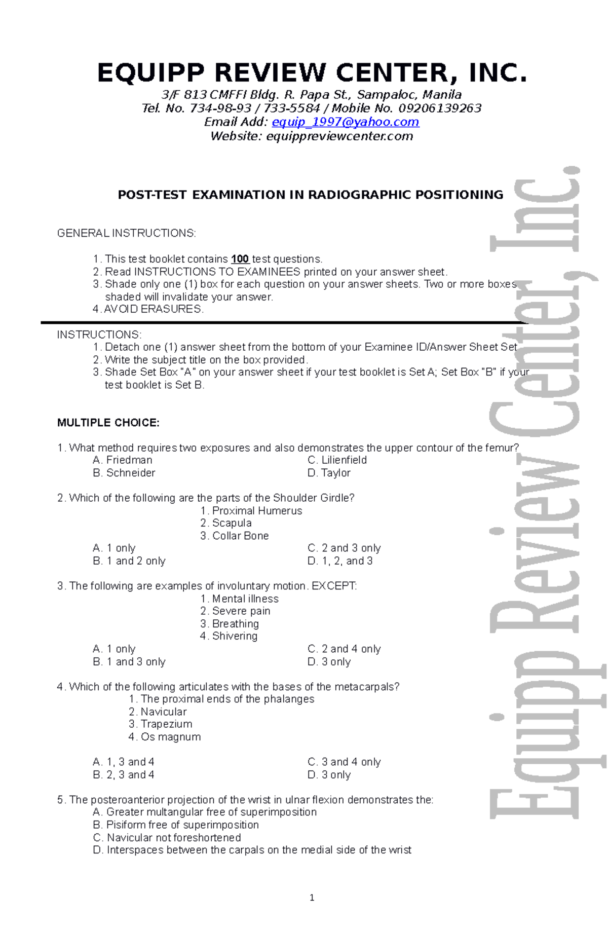 Post-Test Examination in Radiographic Positioning: RTs REVIEWER 2023 ...
