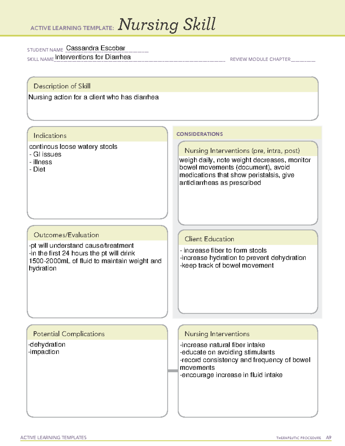 ACTIVE LEARNING TEMPLATE: Nursing Skill for Diarrhea (Cassandra Escobar ...