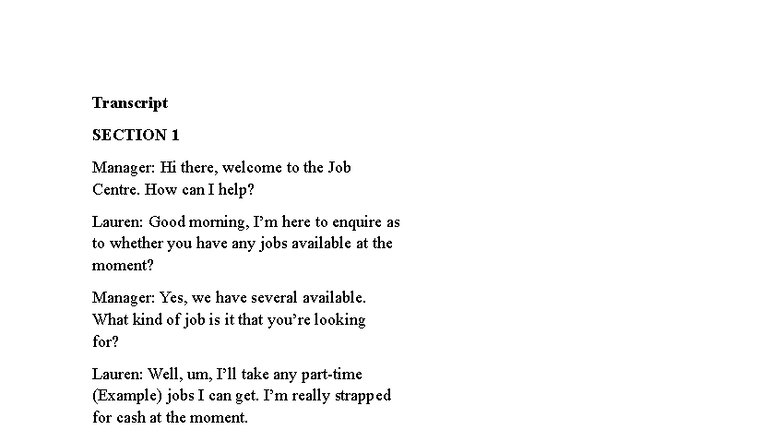 Job Centre Transcript: Job Vacancies Discussion - Studocu