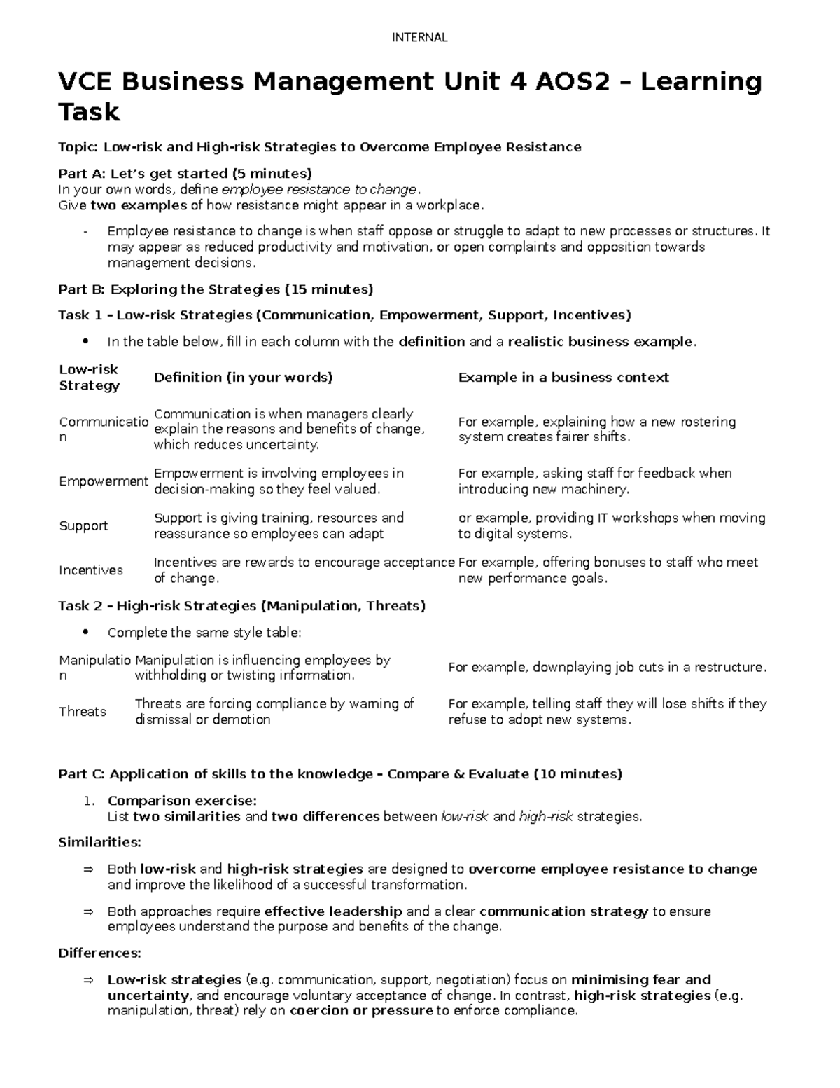 VCE Business Management Unit 4 AOS2: Strategies to Overcome Employee ...