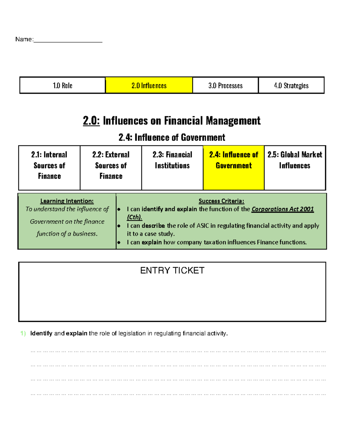 2 - Financial Management Lesson Sheets: Influences & Strategies - Studocu