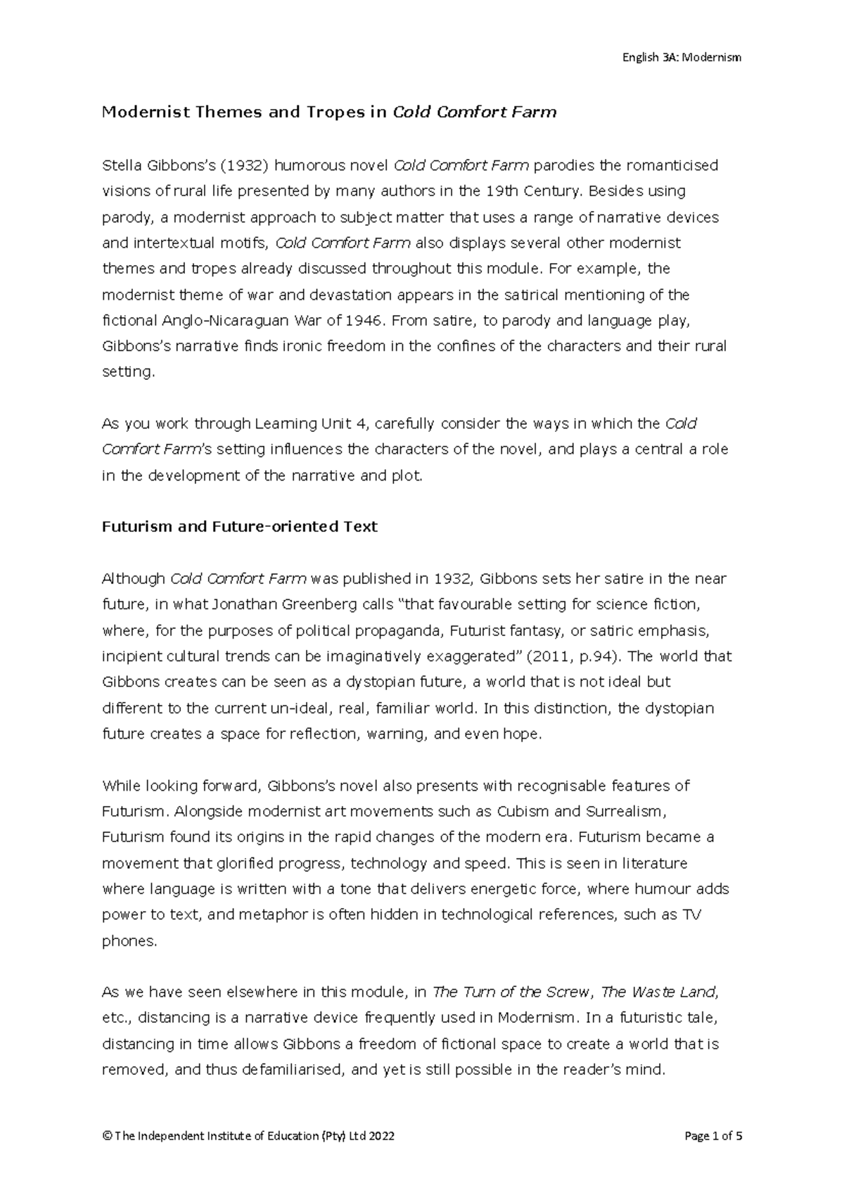 English 3A: Modernist Themes & Tropes in Cold Comfort Farm Analysis ...