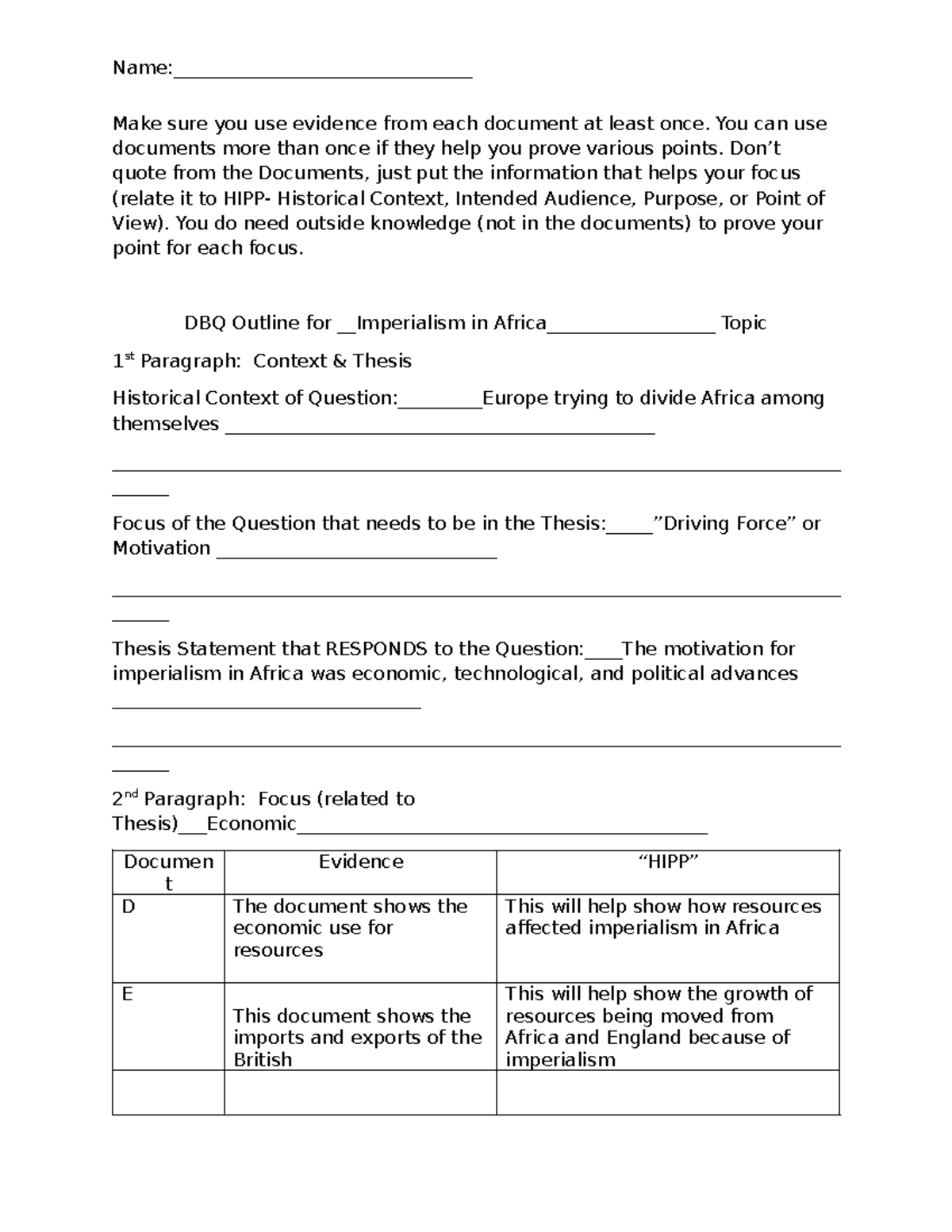 DBQ Outline: Imperialism in Africa - Historical Context & Evidence ...