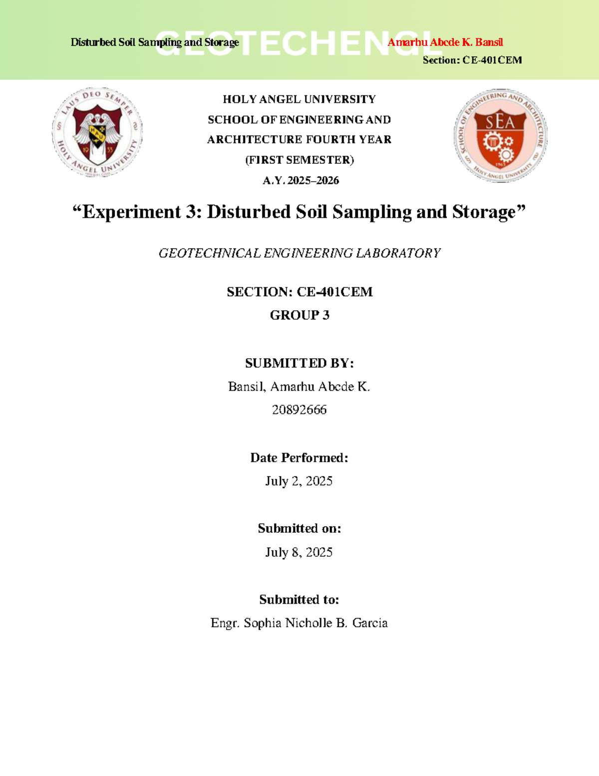 Disturbed Soil Sampling and Storage - GEOTECHNICAL LAB EXPERIMENT 3 ...