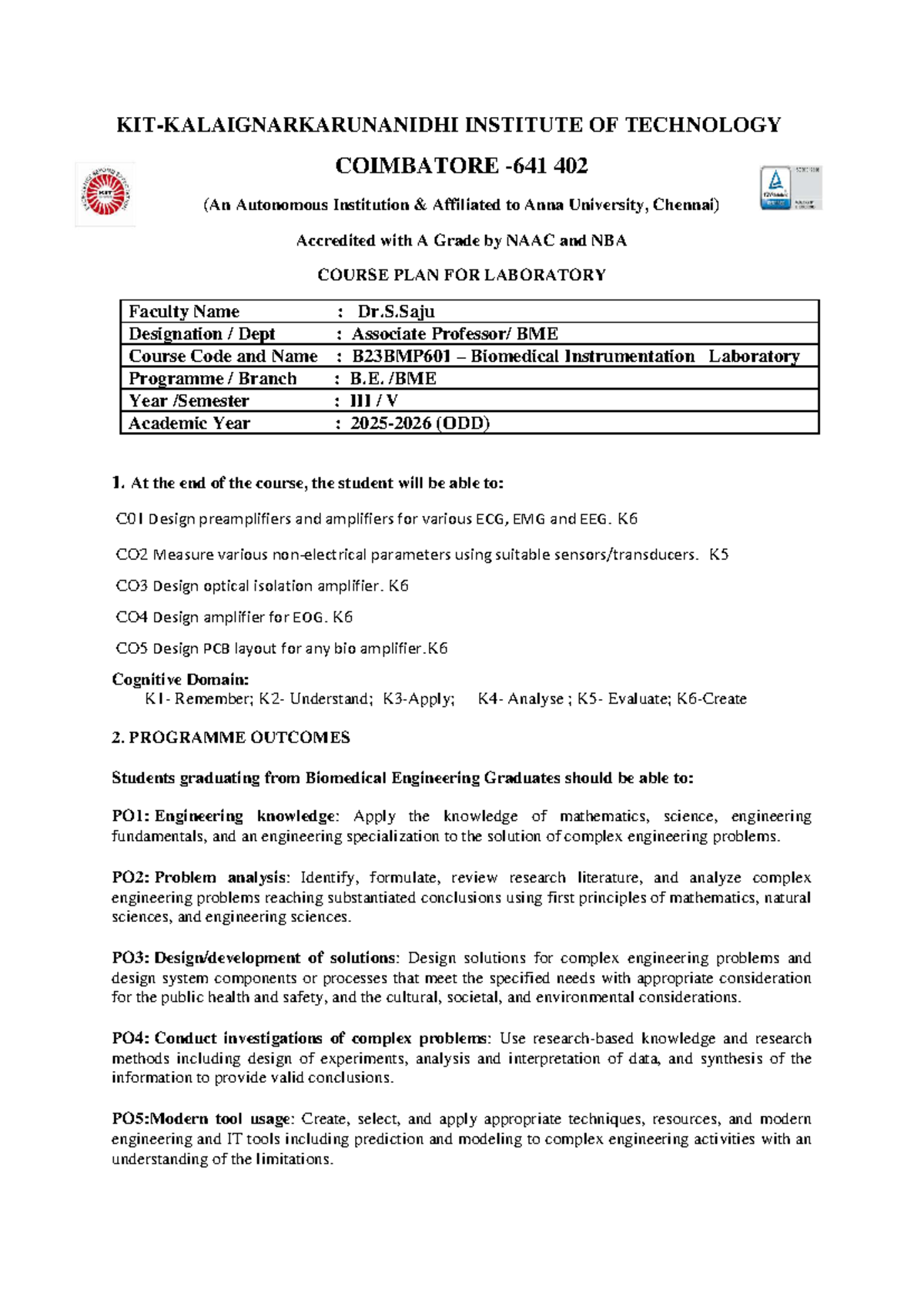 B23BMP601 Biomedical Instrumentation Lab - Course Plan & Objectives - Studocu