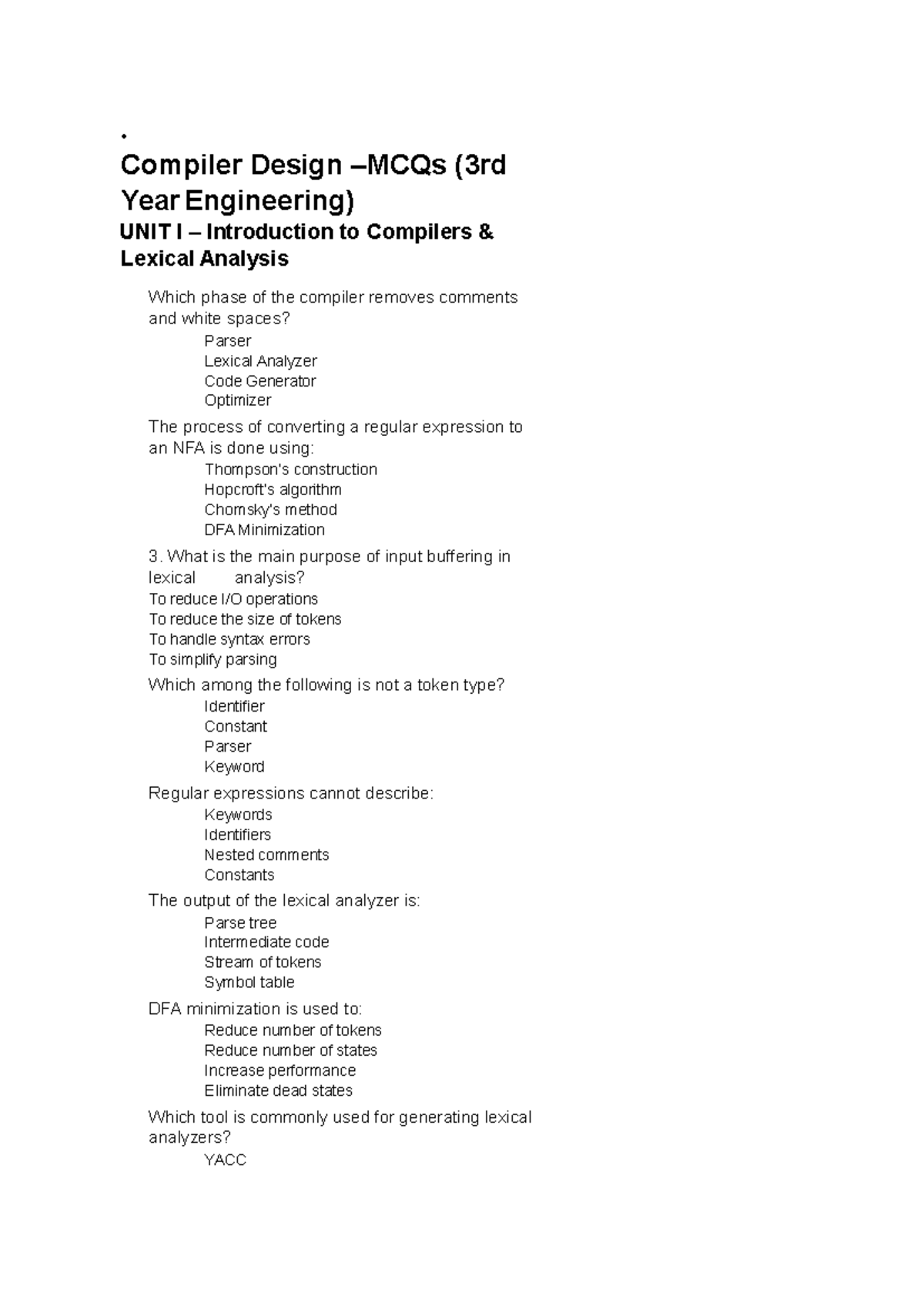 Compiler Design (3rd Year Engineering) Full 50 MCQ on Compilers - Studocu