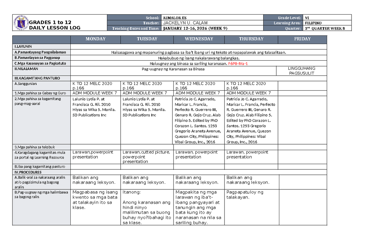 DLL Filipino 6 Q3 W8: Daily Lesson Log for Grades 1-12 - Studocu