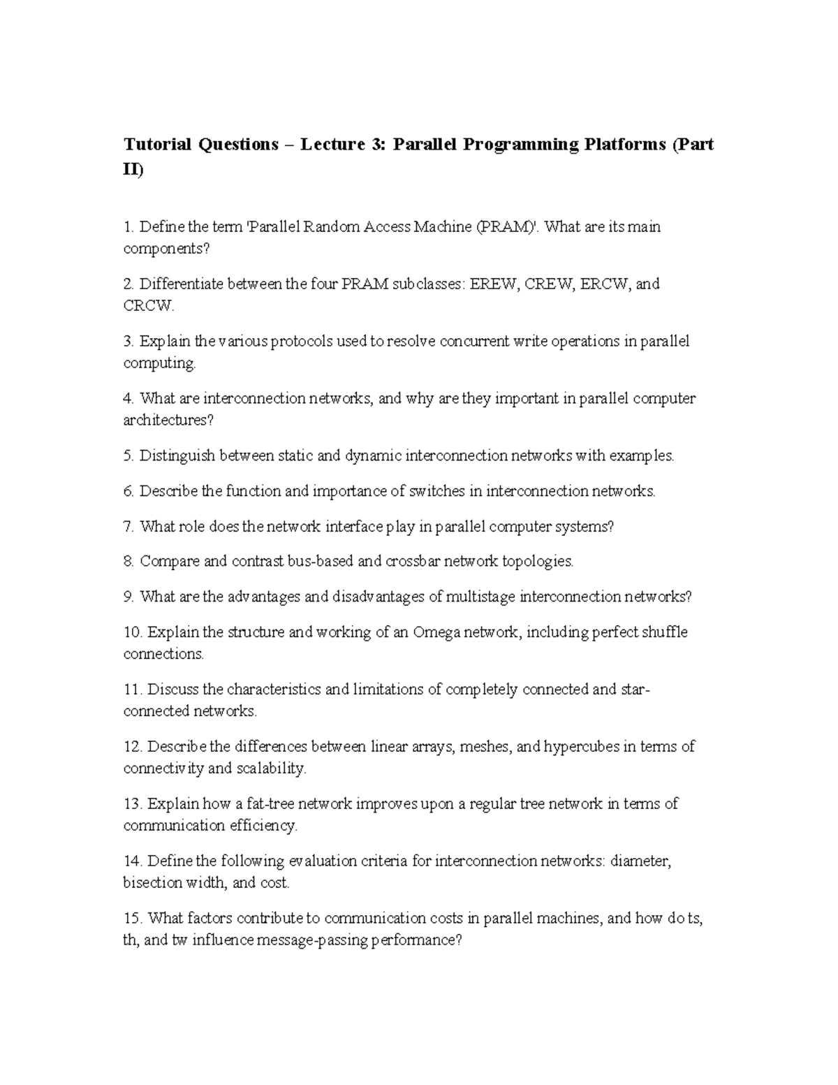 Tutorial Questions for Lecture 3: Parallel Programming Platforms - Studocu