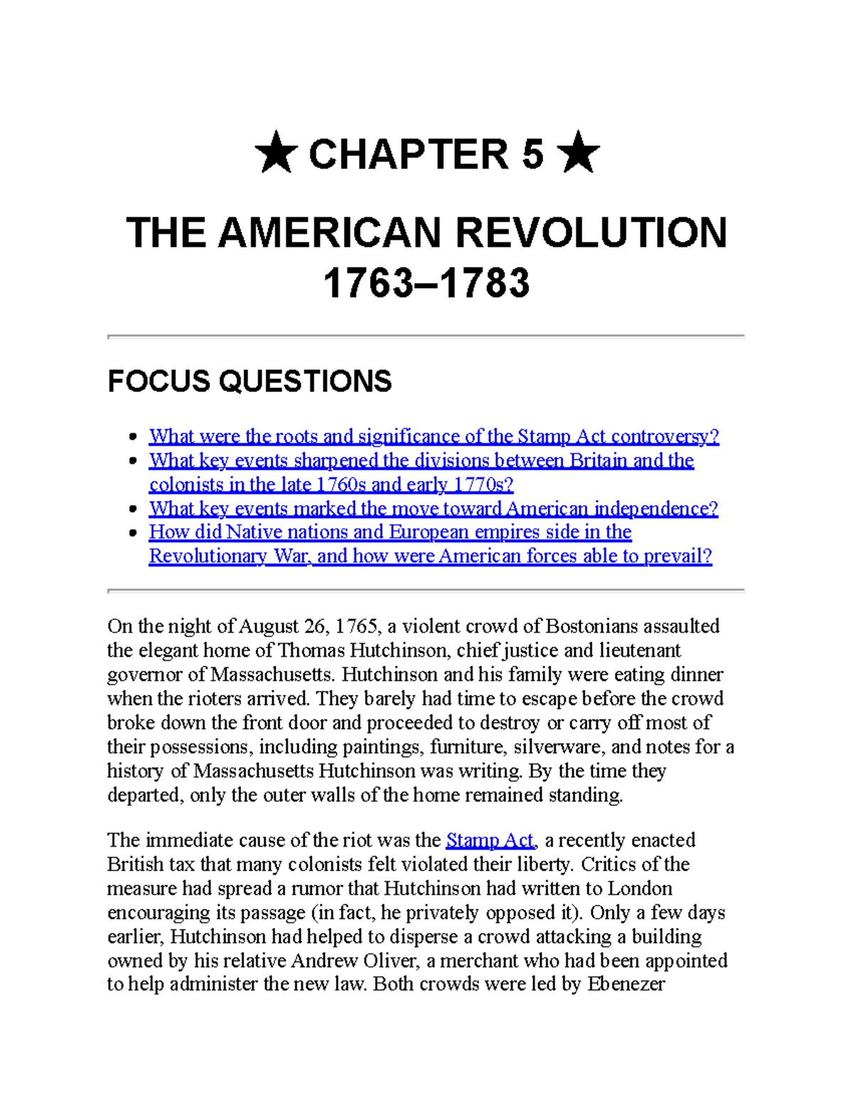 CHAPTER 5: THE AMERICAN REVOLUTION - KEY EVENTS & FOCUS QUESTIONS - Studocu