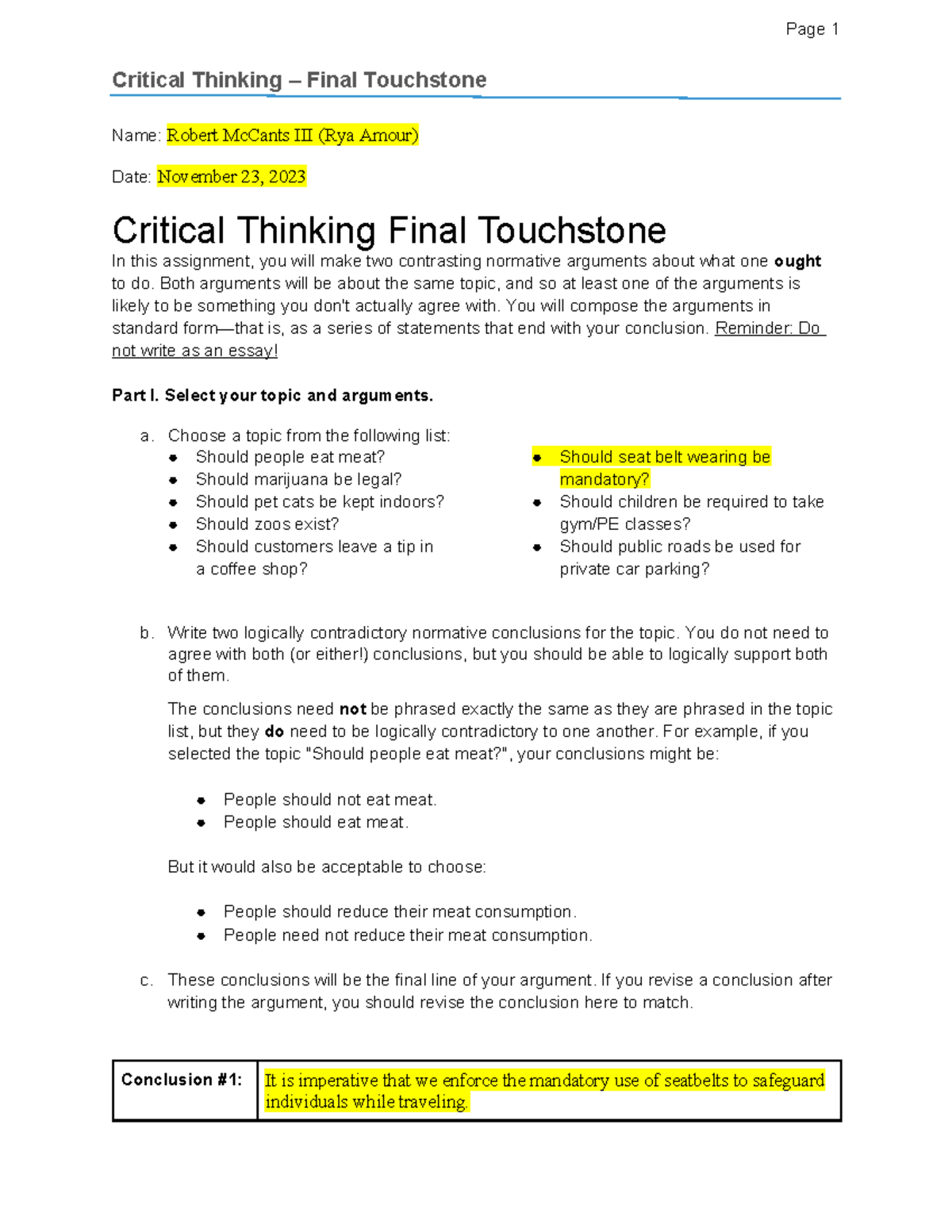 Critical Thinking Unit 4 Touchstone - Critical Thinking – Final ...