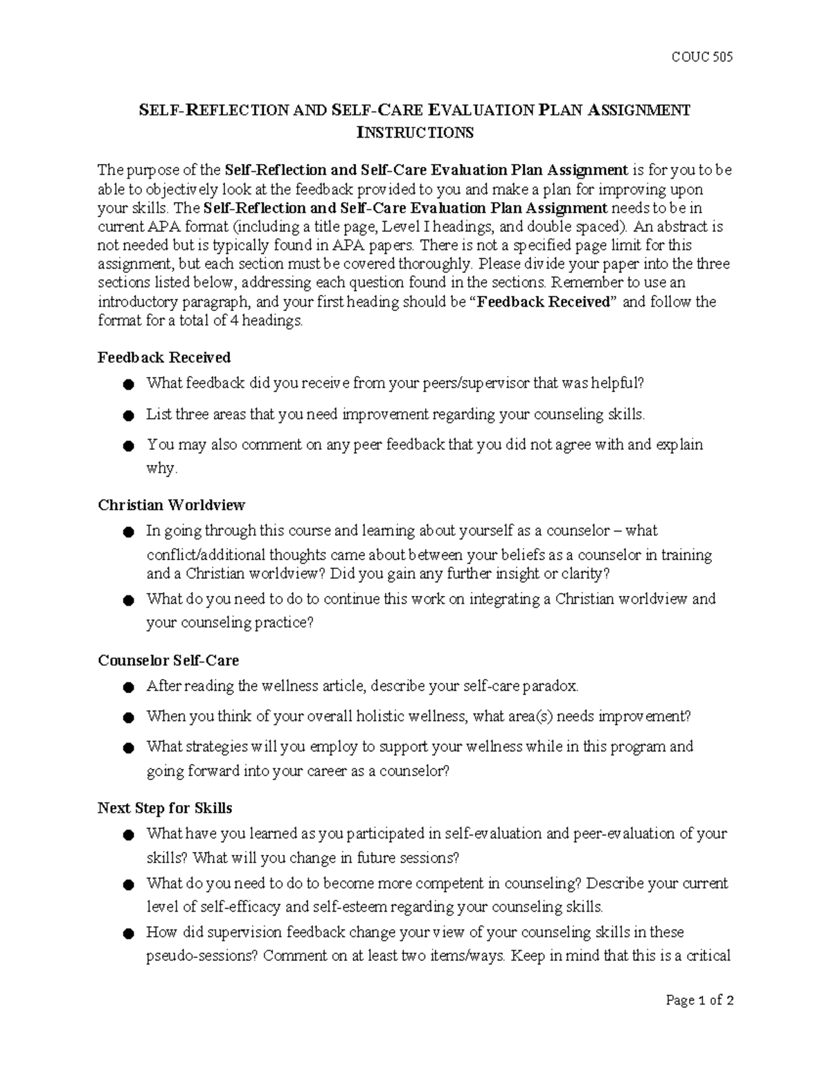 COUC 505 Self-Reflection & Evaluation Plan Assignment Guidelines - Studocu