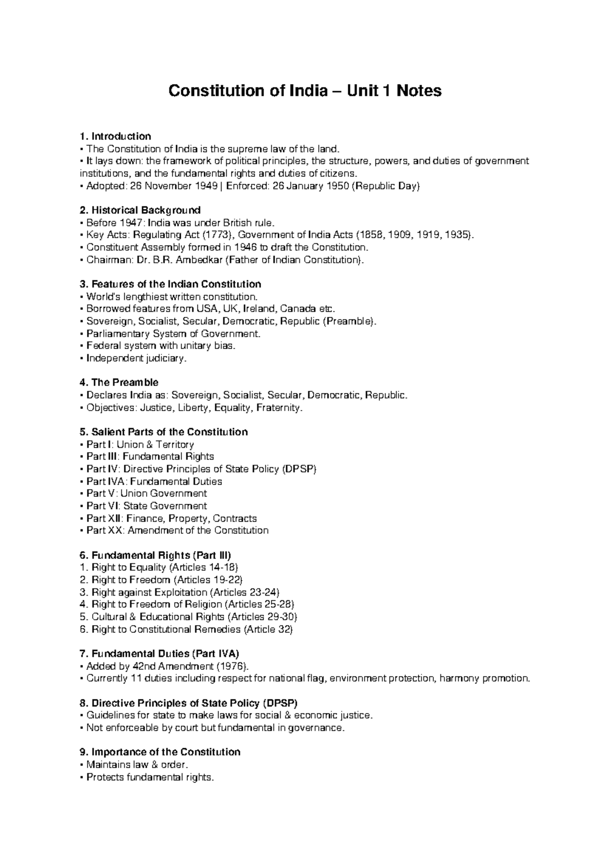 COI Unit 1: Introduction to the Constitution of India Notes - Studocu
