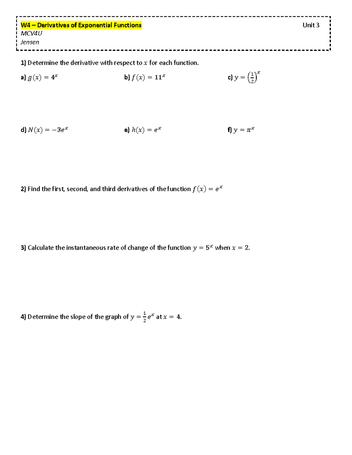 W4 MCV4U Derivatives of Exponential Functions - Unit 3 Notes - Studocu