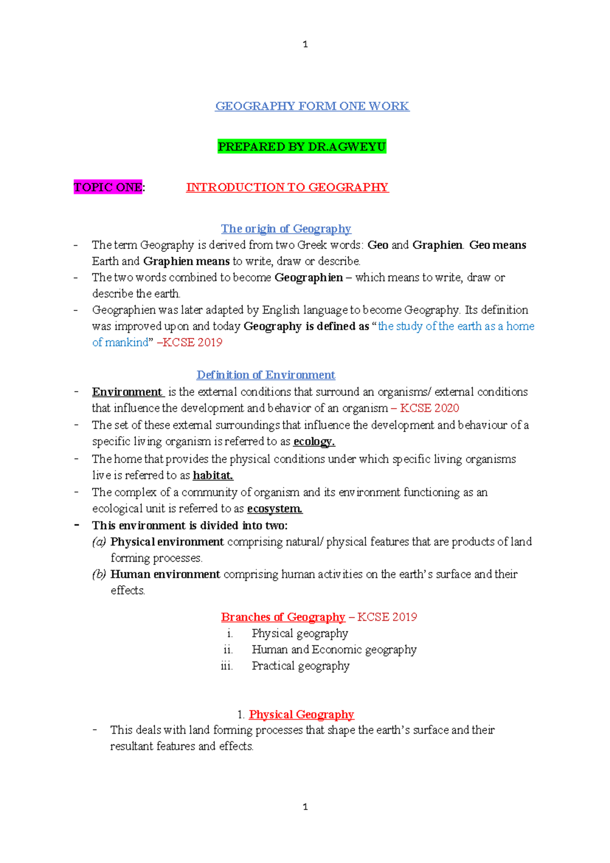 1 GEOGRAPHY FORM ONE NOTES: INTRODUCTION TO GEOGRAPHY AND THE EARTH ...