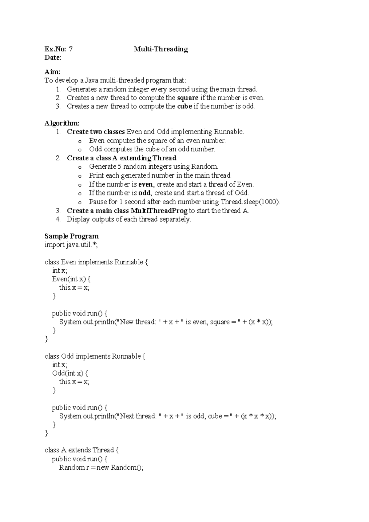 OOP LAB - Ex 7: Java Multi-threading Program for Random Integers - Studocu