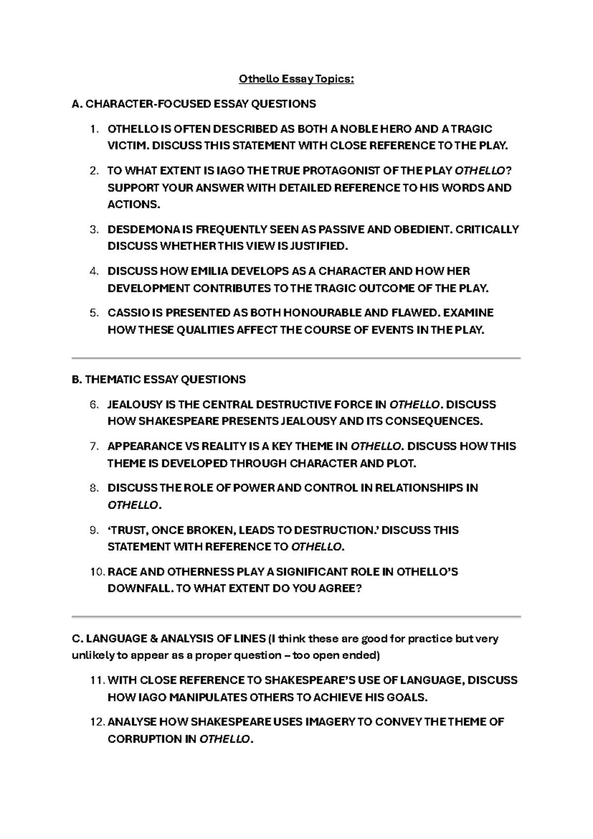 Othello Essay Topics & Transactional Writing Prompts - Studocu