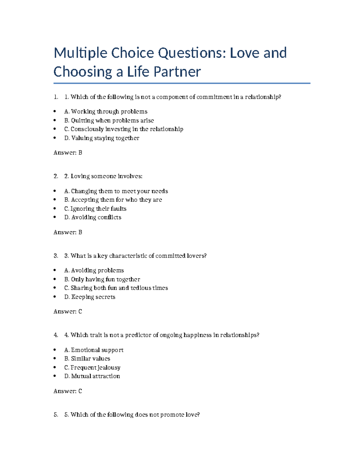 Love and Life Partner Quiz: Multiple Choice Questions on Relationships ...