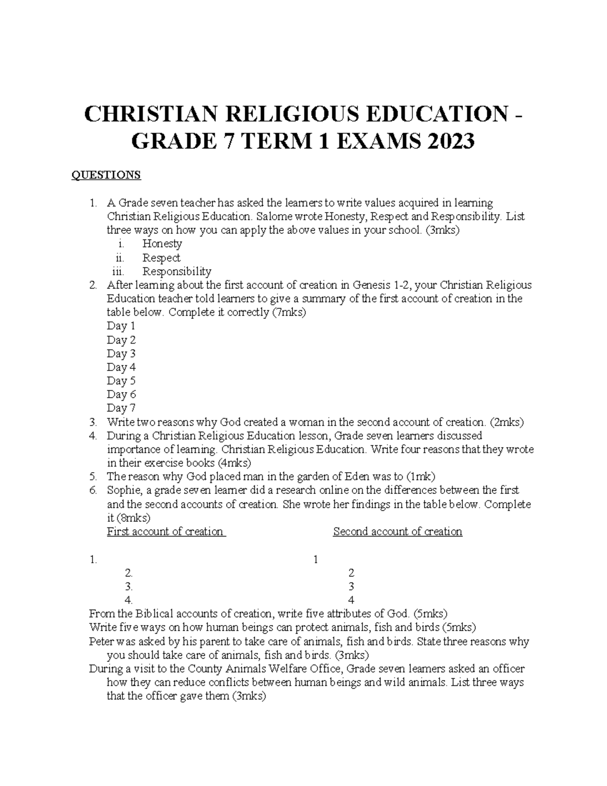 Christian Religious Education G7 Term 1 Exam Questions 2023 - Studocu