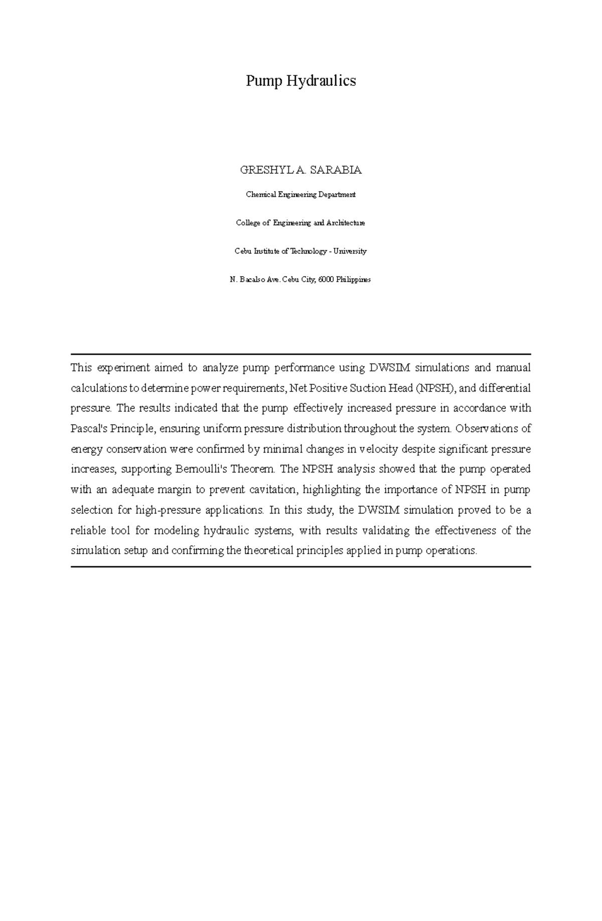 PUMP 301: Hydraulics Lab Report on Pump Performance Analysis - Studocu