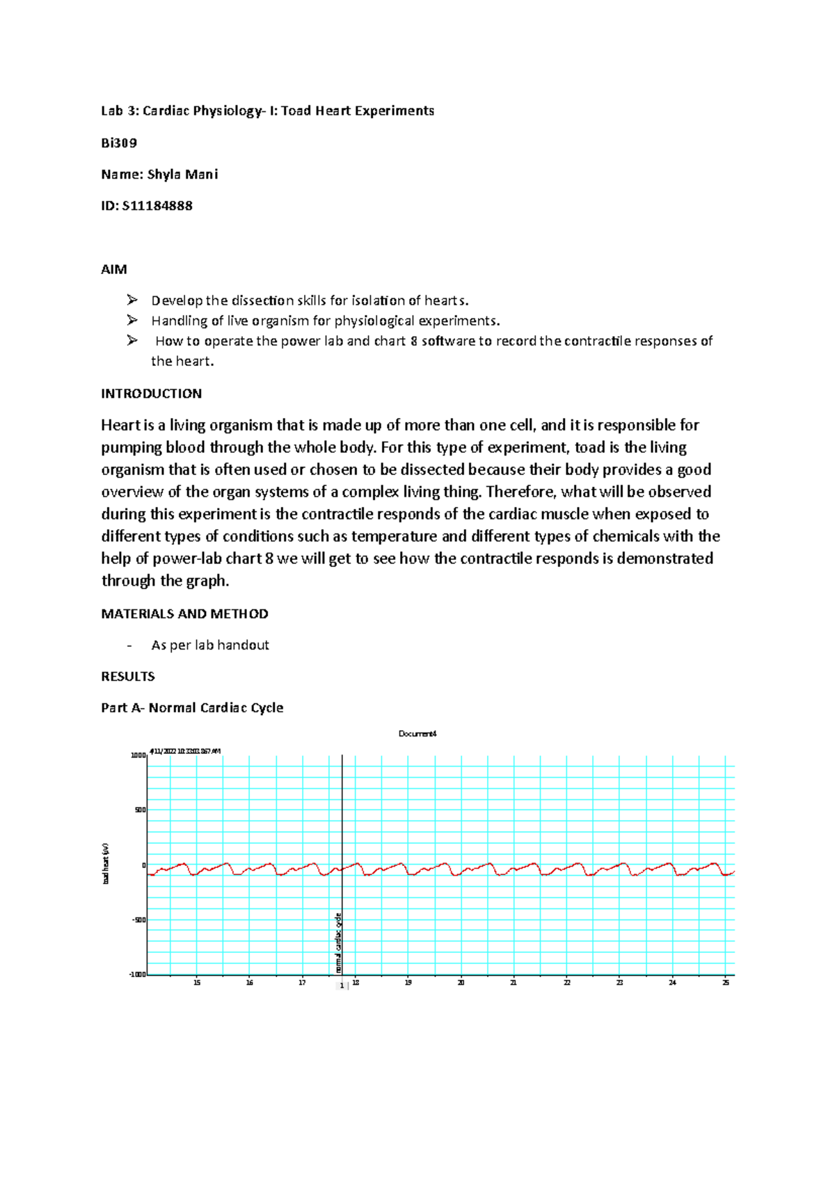 Lab 3: Cardiac Physiology - Toad Heart Experiment Report (BI309) - Studocu