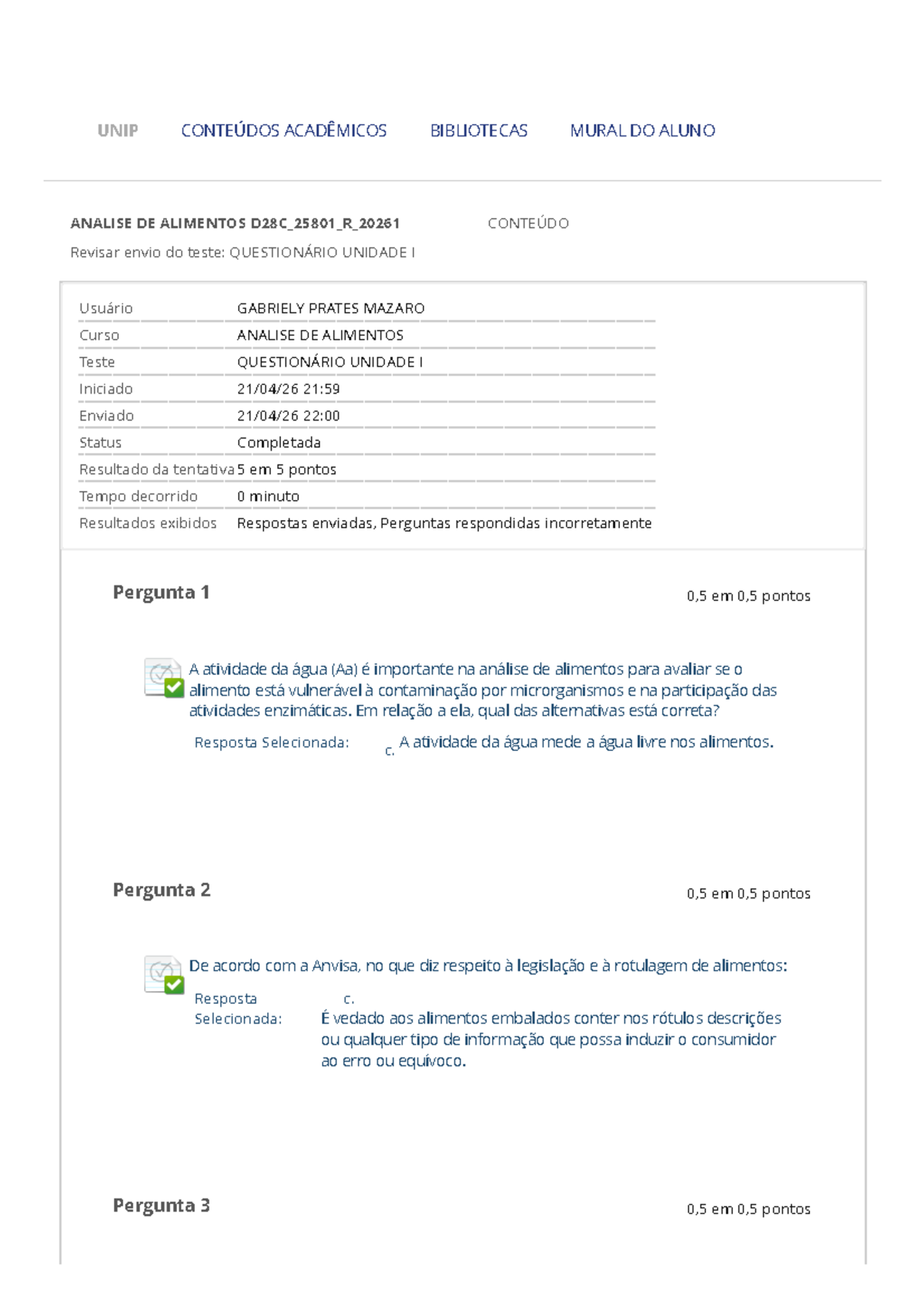 Questionário Unidade I - Análise de Alimentos D28C_25801_R_20261 - Studocu