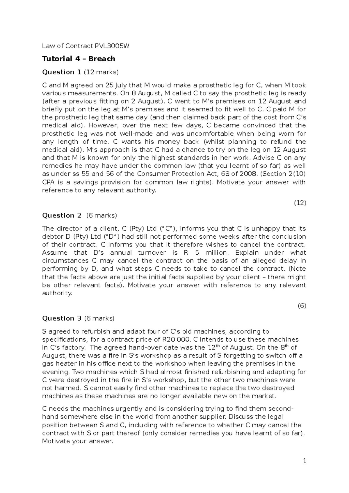 PVL3005W Tutorial 4: Breach of Contract Analysis and Remedies - Studocu