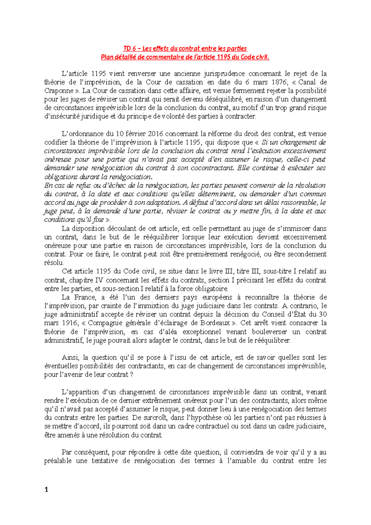 Commentaire de l'Article 1195 du Code Civil - TD 6 Effects du Contrat ...