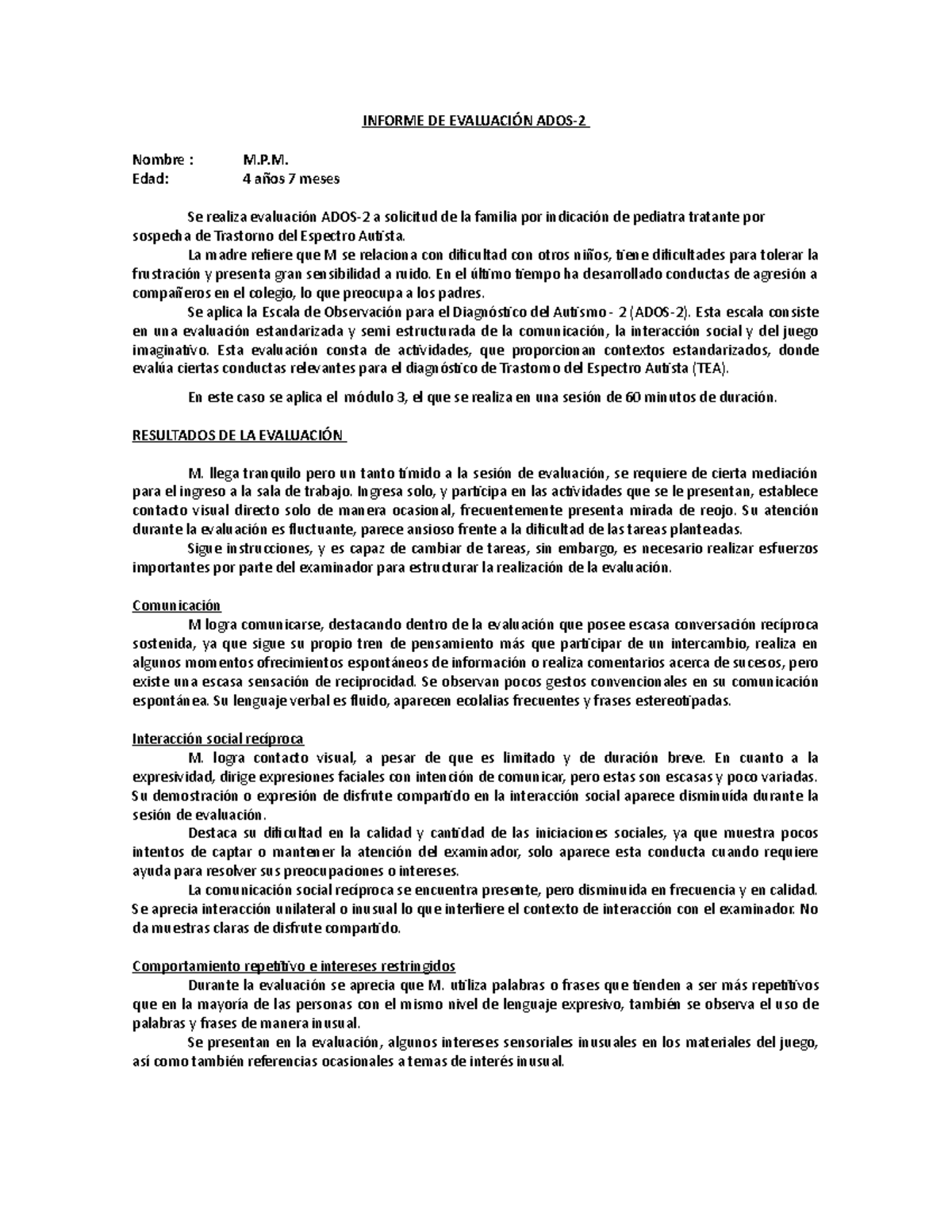 Informe de Evaluación ADOS-2 para Caso de Autismo (Infantojuvenil ...