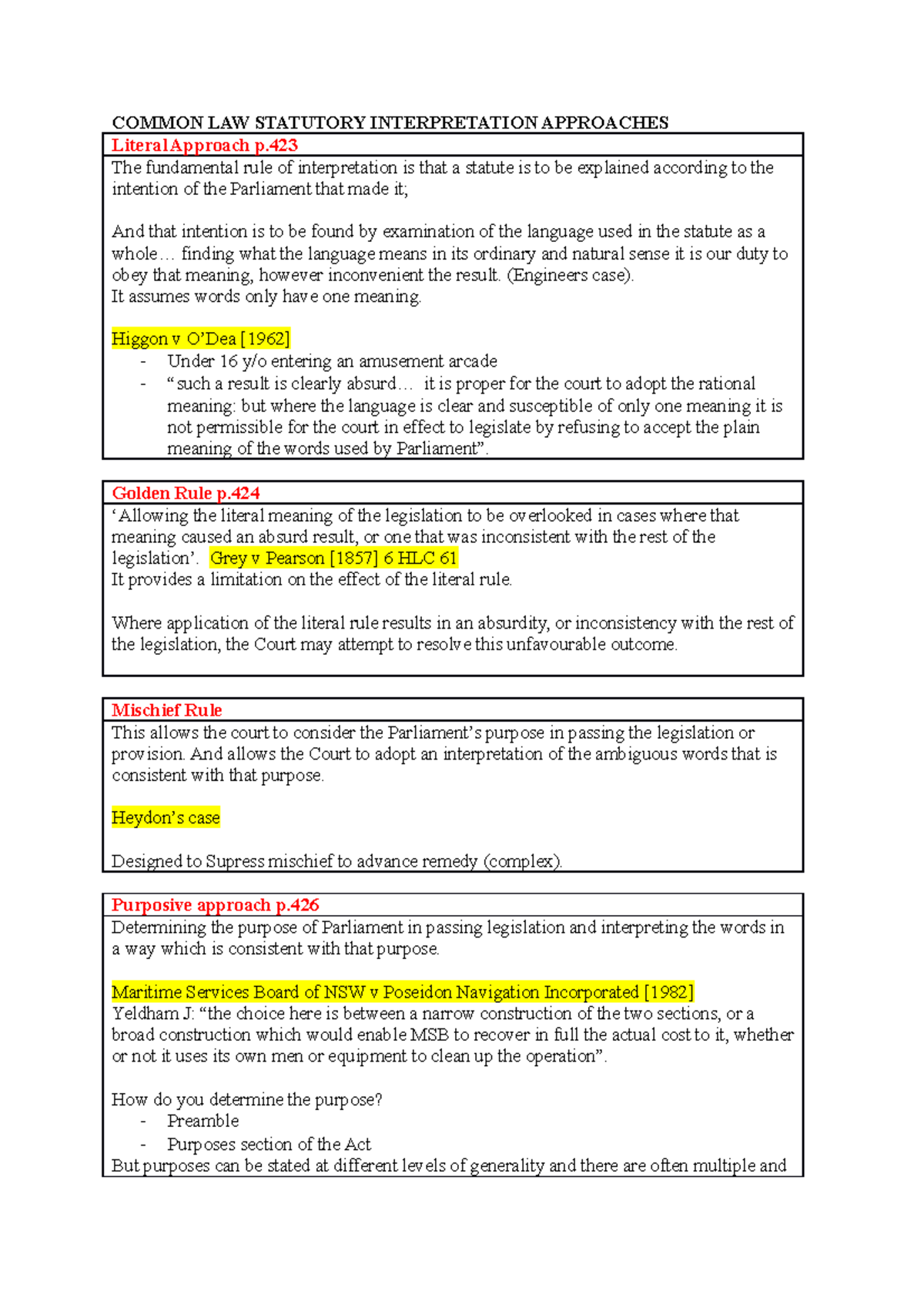 FOL Exam summary - COMMON LAW STATUTORY INTERPRETATION APPROACHES ...