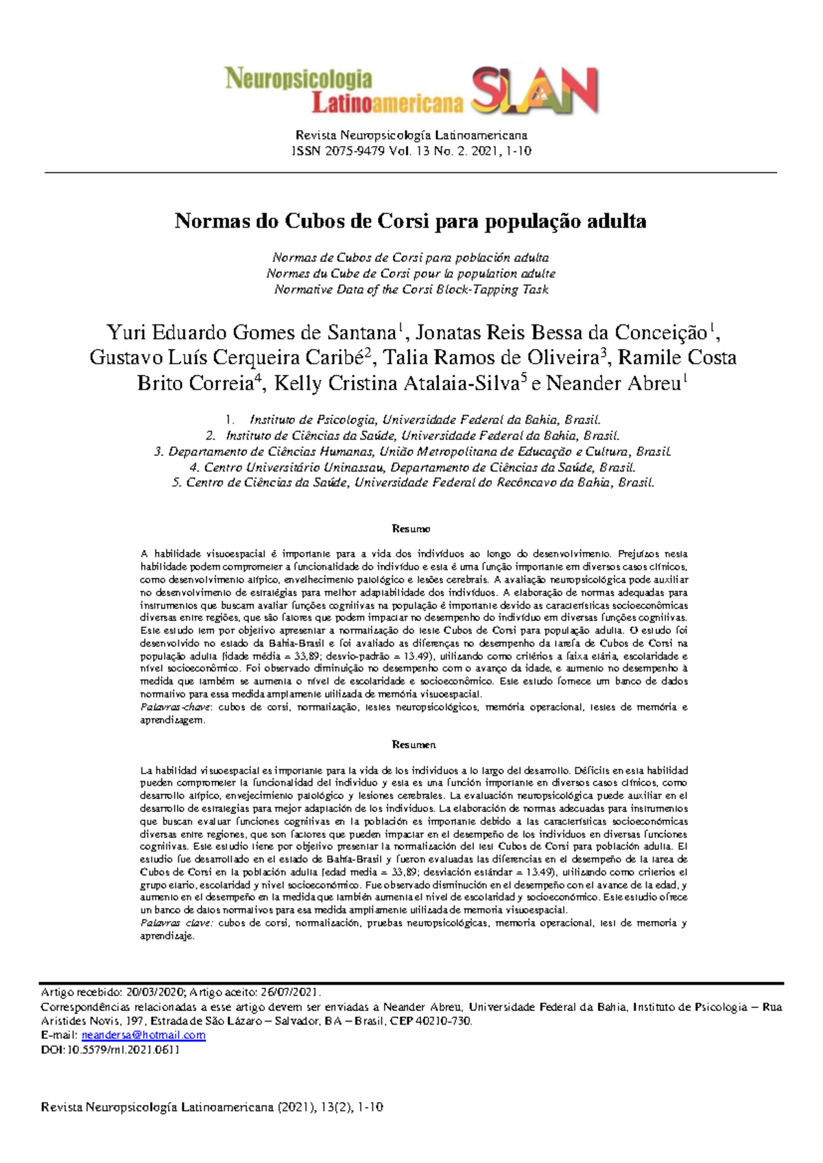 Normas do Cubo de Corsi para População Adulta - Revista Neuropsicología ...