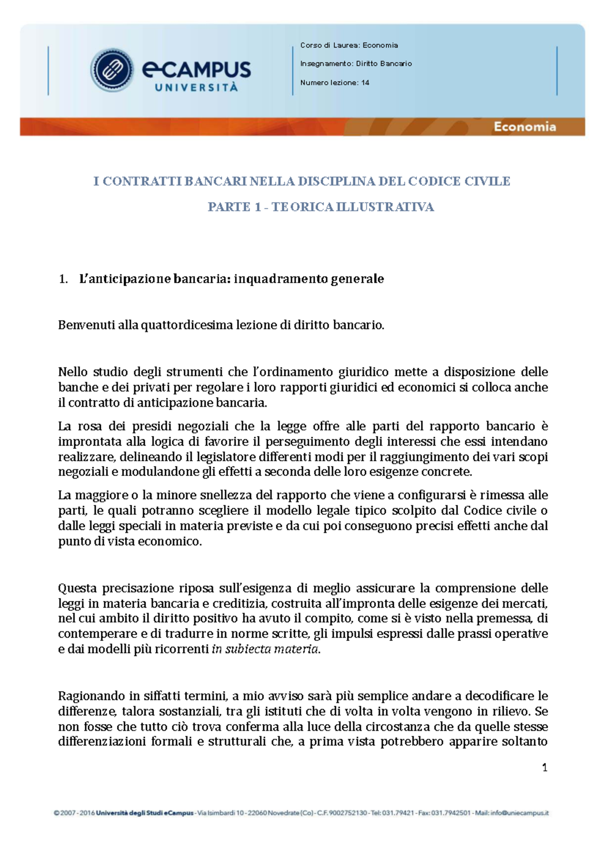 Lezione 14: Contratti Bancari nel Codice Civile - Studocu