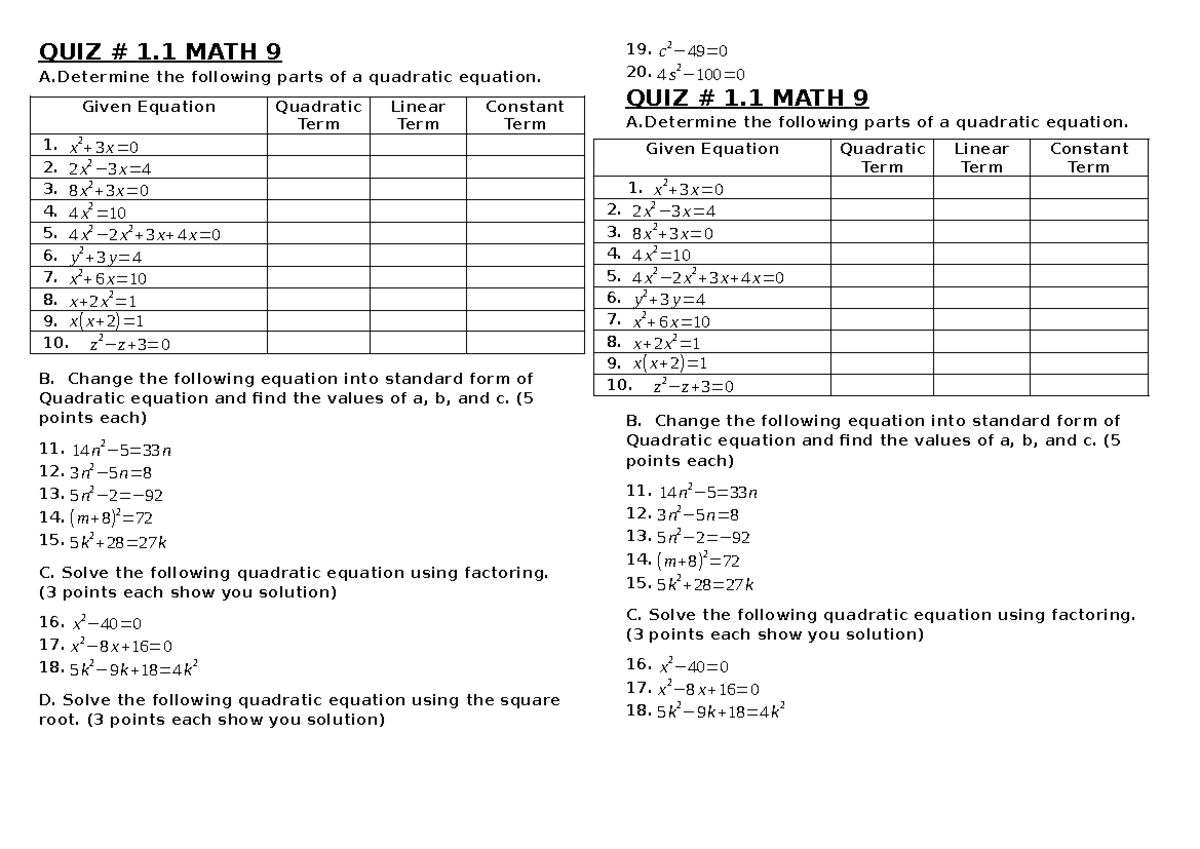 QUIZ # 1 - its is all about quadratic equation - QUIZ # 1 MATH 9 A the ...