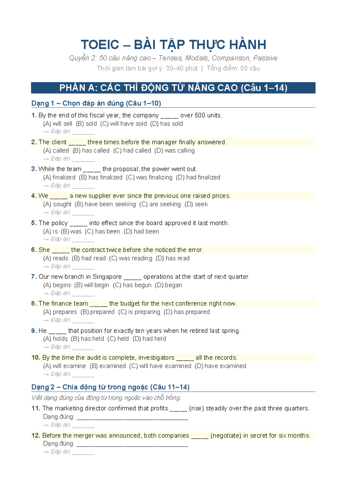 TOEIC – BÀI TẬP THỰC HÀNH QUYỂN 2: CÁC THÌ VÀ MODAL VERBS - Studocu