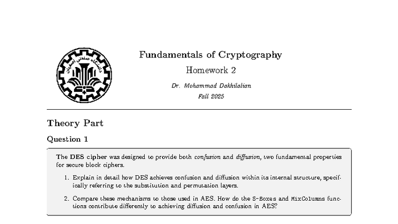 Fundamentals of Cryptography HW2 - DES & AES Analysis Fall 2025 - Studocu