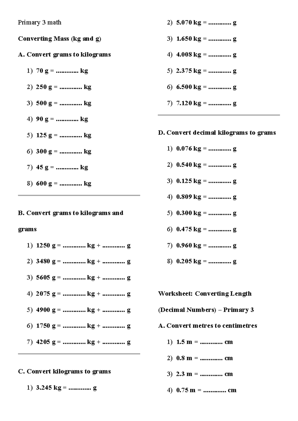 Converting Time, Length, and Mass - Primary 3 Worksheet - Studocu