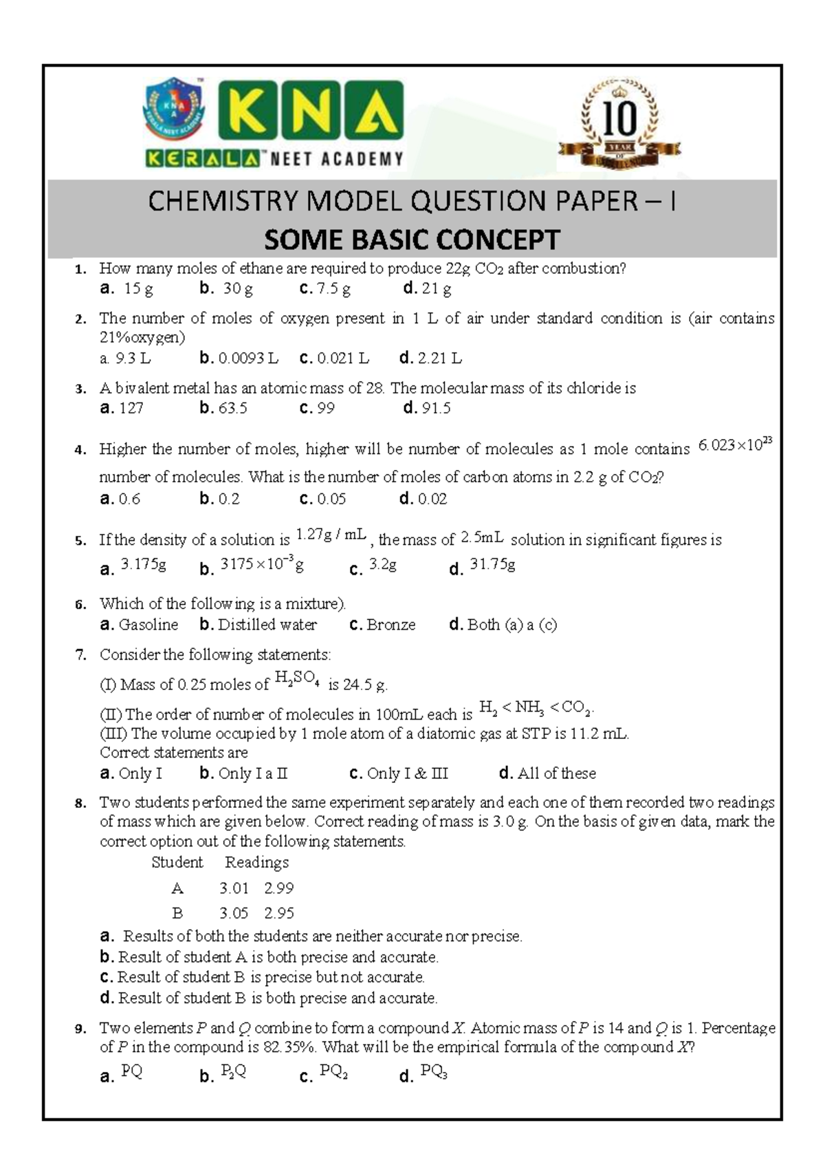 Chemistry - Model Exam I: Basic Concepts and Questions - Studocu