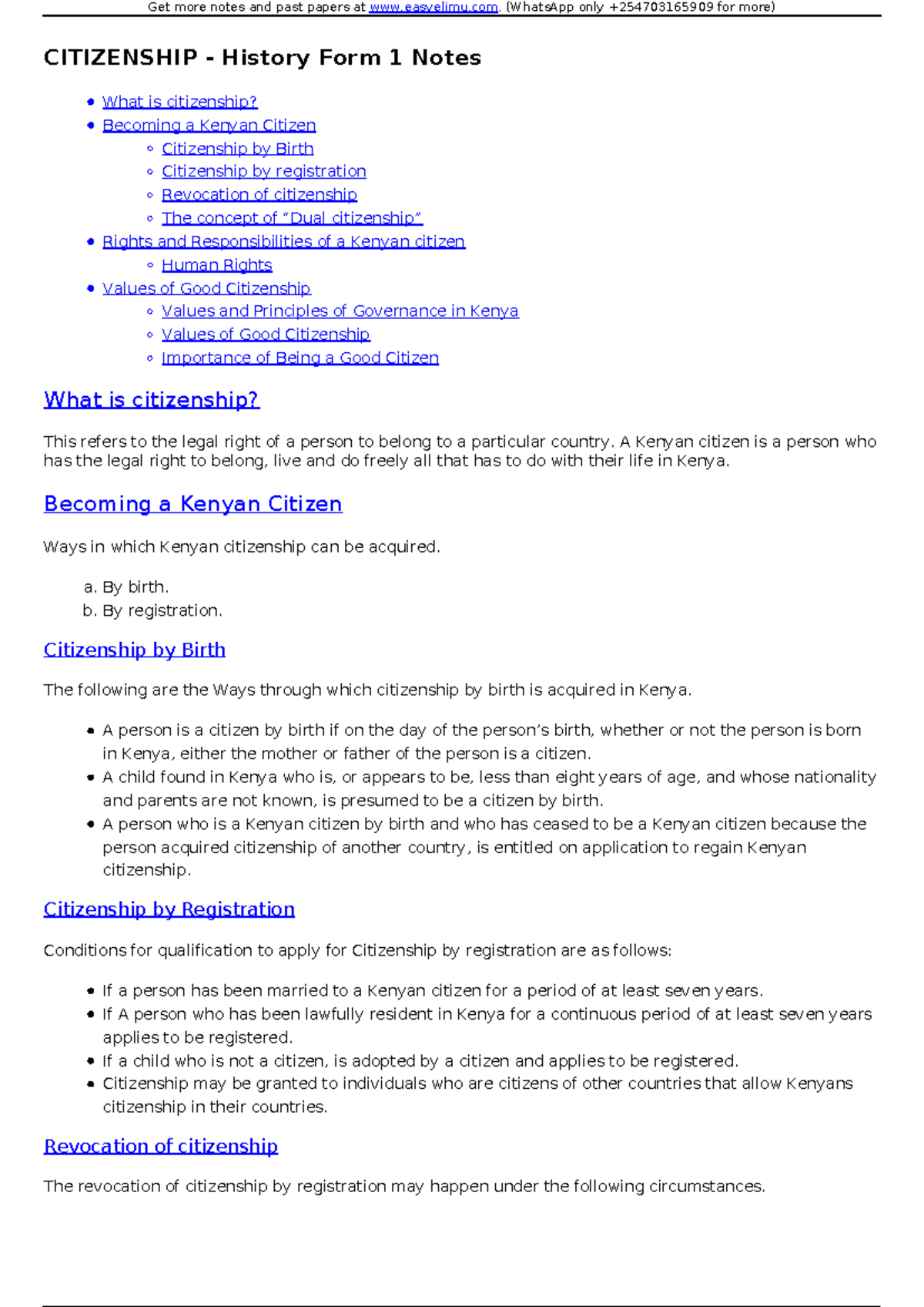 Citizenship - History Form 1: Key Concepts and Responsibilities - Studocu
