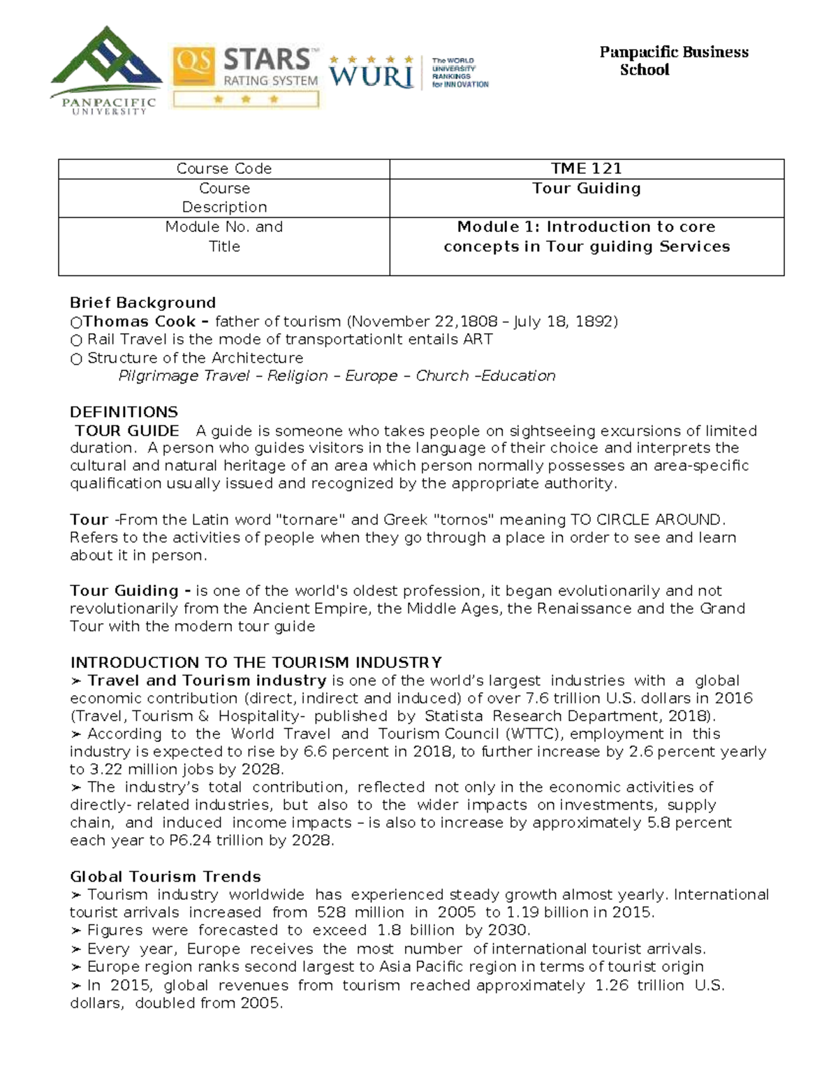 Module 1: Core Concepts in Tour Guiding Services - TME 121 - Studocu