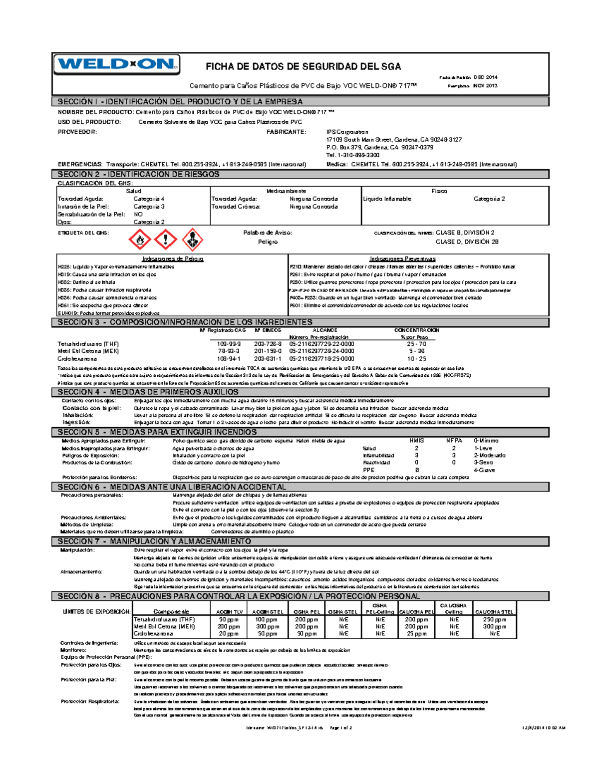 W-O717Lo Voc SP 12-14 - Ficha de Datos de Seguridad de Cemento PVC ...