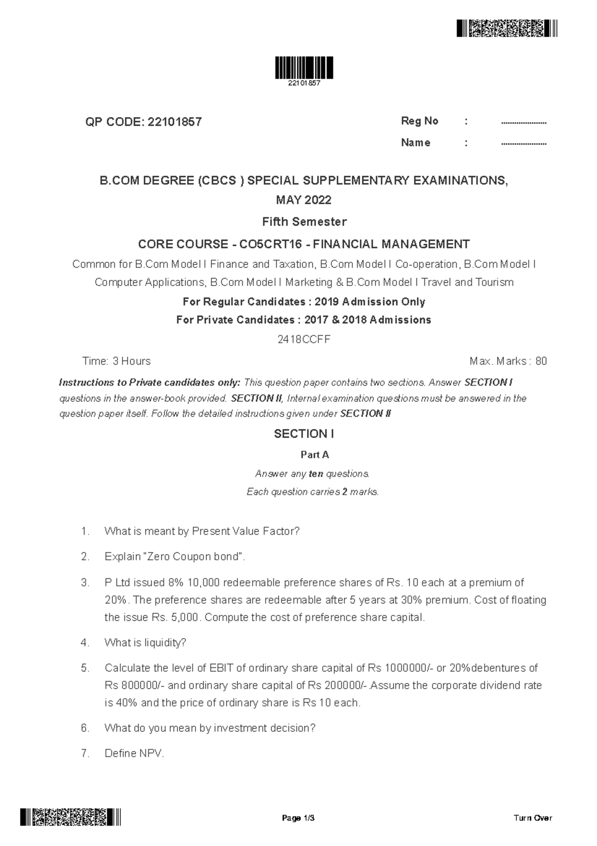 22101857 QP: Financial Management Exam Paper - May 2022 - Studocu