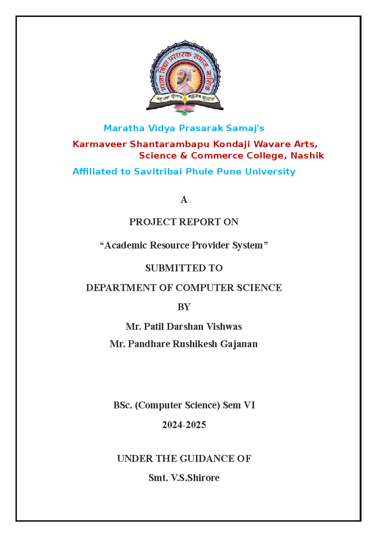 BSc CS Sem VI Project Report: Academic Resource Provider System - Studocu