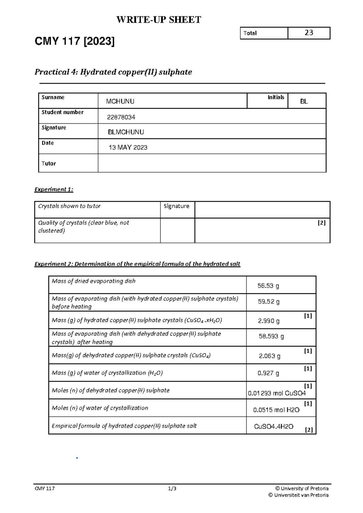 2023 CMY 117 Practical 4 Write-UP Sheet Prep. of copper(II) sulphate ...