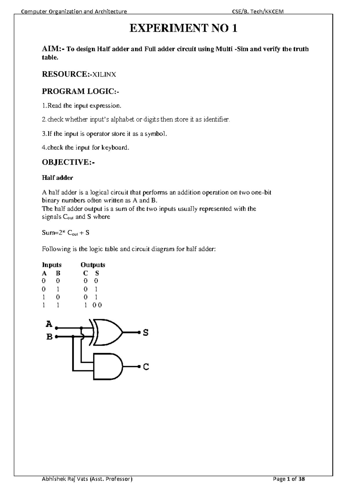 COA Lab Report: Adder and Subtractor Circuits Using Xilinx - Studocu