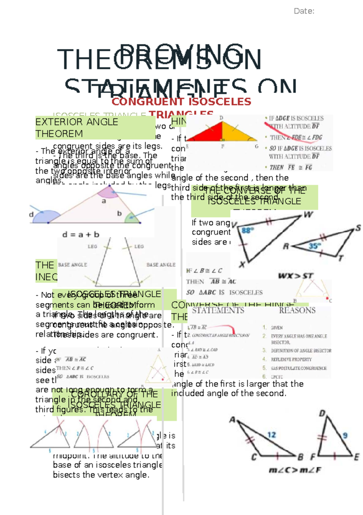 Theorems on Isosceles Triangles: Congruence & Hinge Theorem - Studocu