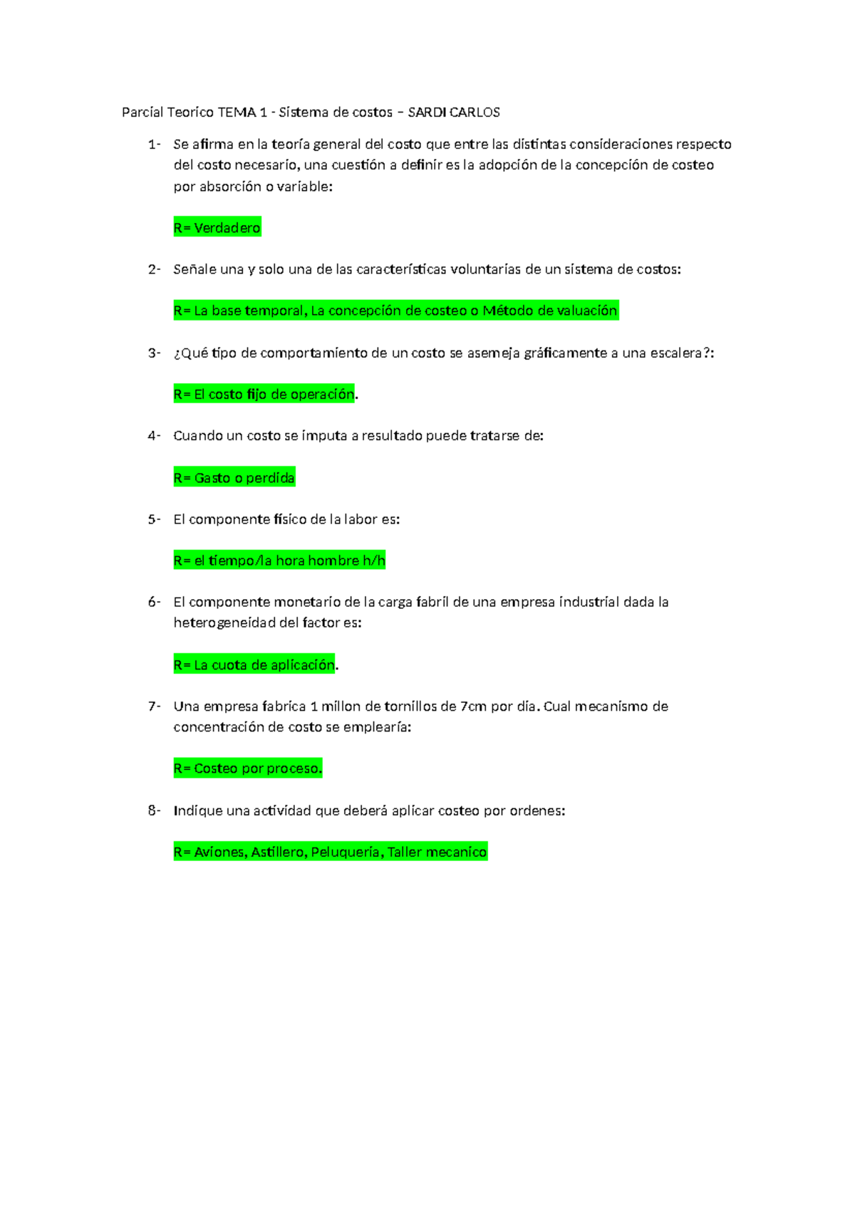 Parcial Teórico TEMA 1 - Sistema de Costos y Test de Lectura - Studocu