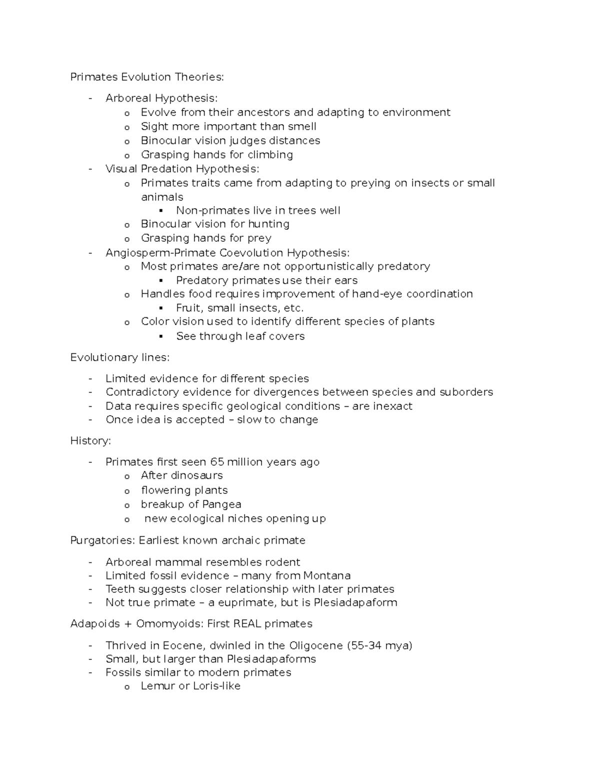 Primate Evolution Lecture Notes: Theories & Evidence - Studocu