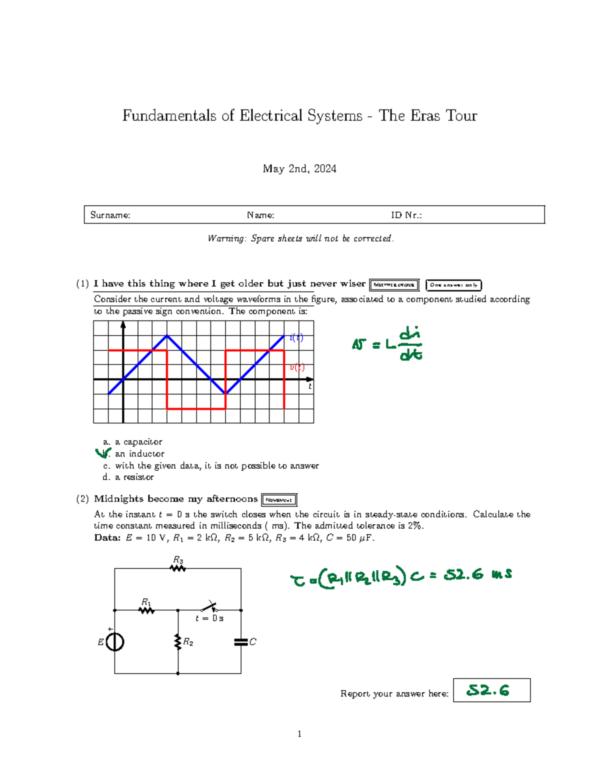 Exam 20240502 Aut 1B - Fundamentals of Electrical Systems Exam - Studocu