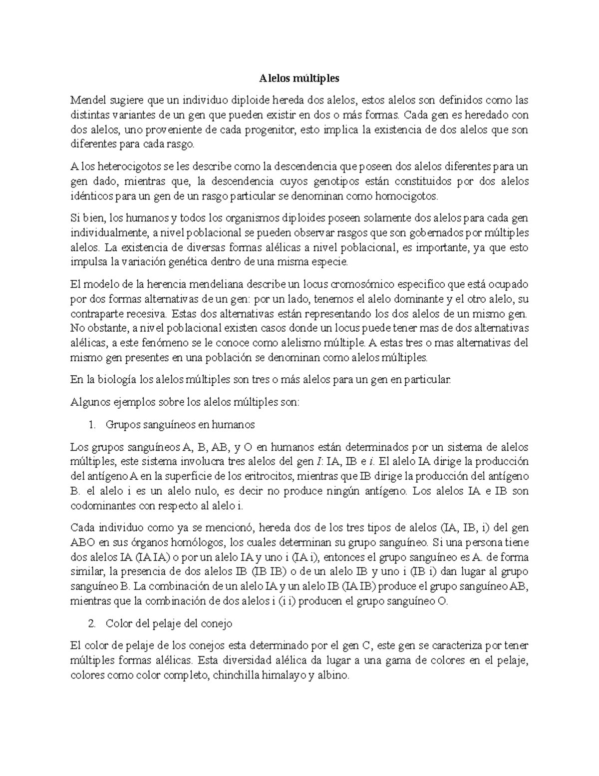 Alelismo Múltiple en Genética: Ejemplos y Conceptos Clave - Studocu